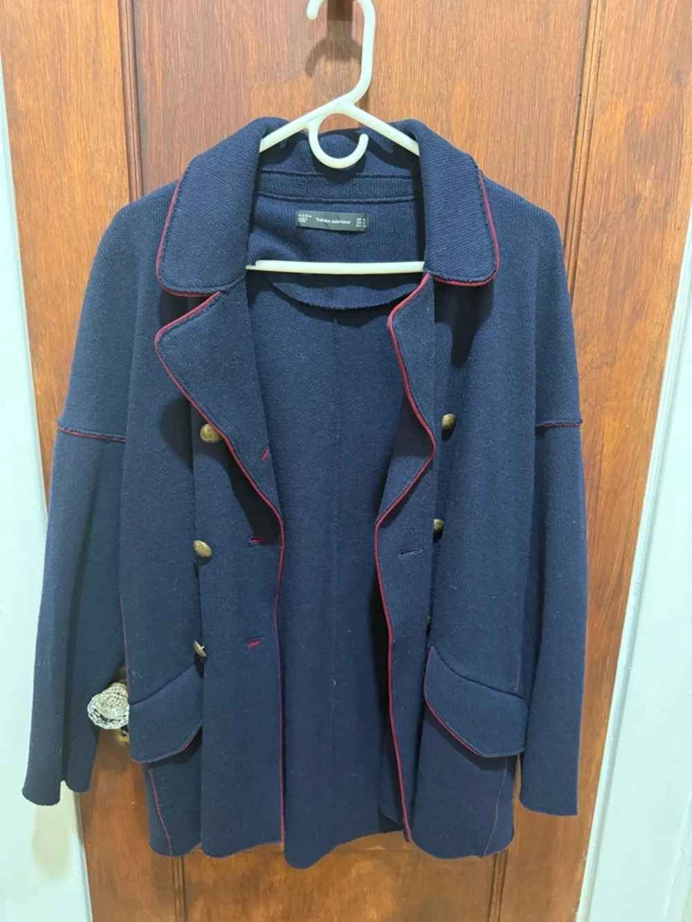 Zara | Sweaters | Zara Navy Doublebreasted Jacket With Red Piping ...